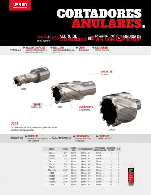 Urrea-COA2 / COA2 TRUPER Cortador anular de acero de alta velocidad, 2 ...
