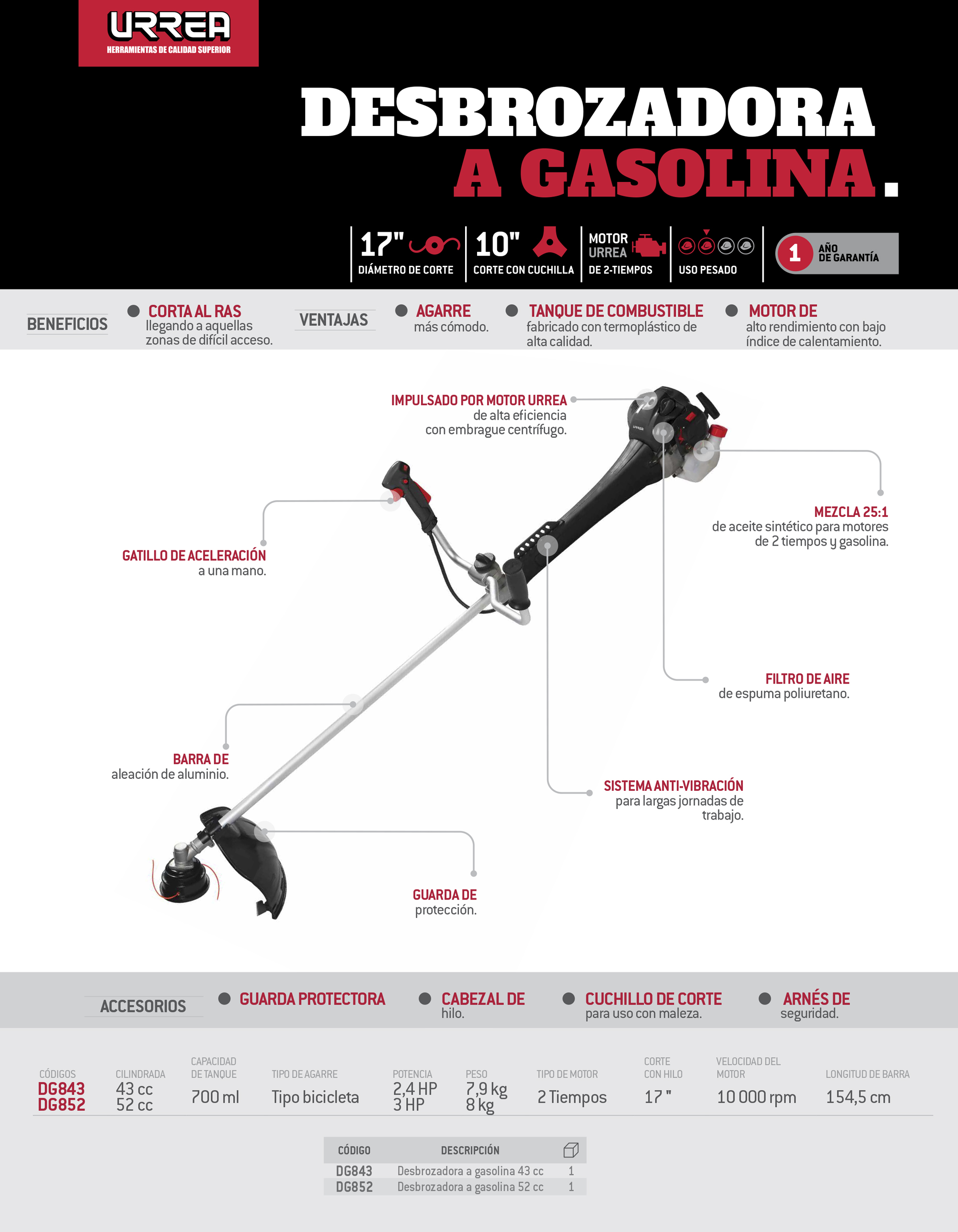 Urrea-DG852 / DG852 TRUPER Desbrozadora a gaso recta lina 17.0" 52 cc Urrea