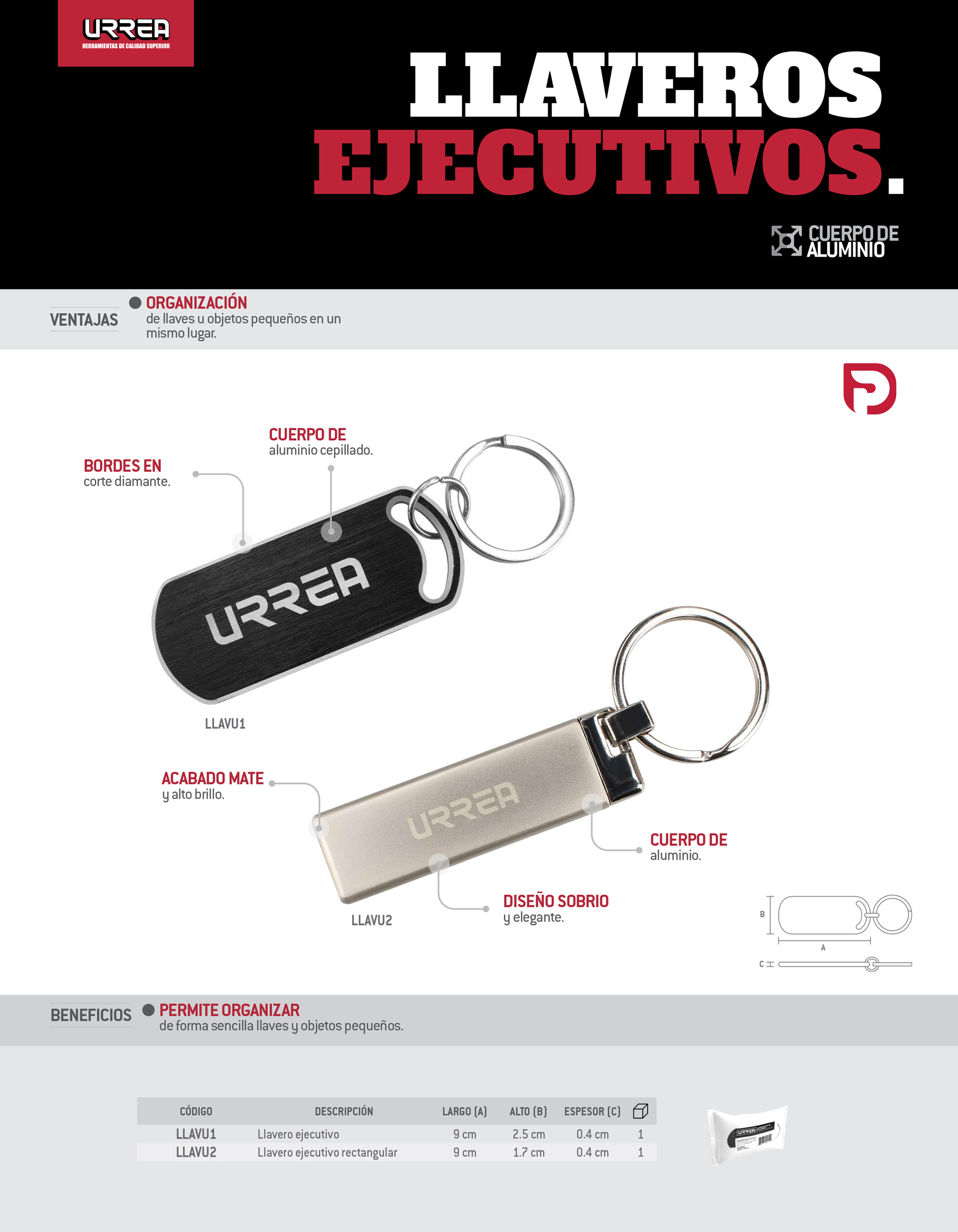 Urrea-LLAVU2 / LLAVU2 TRUPER Llavero ejecutivo rectángular de aluminio ...
