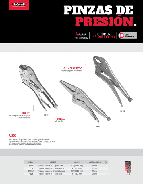 Urrea-PR12 / PR12 TRUPER Pinza de presión de 12" punta recta Urrea