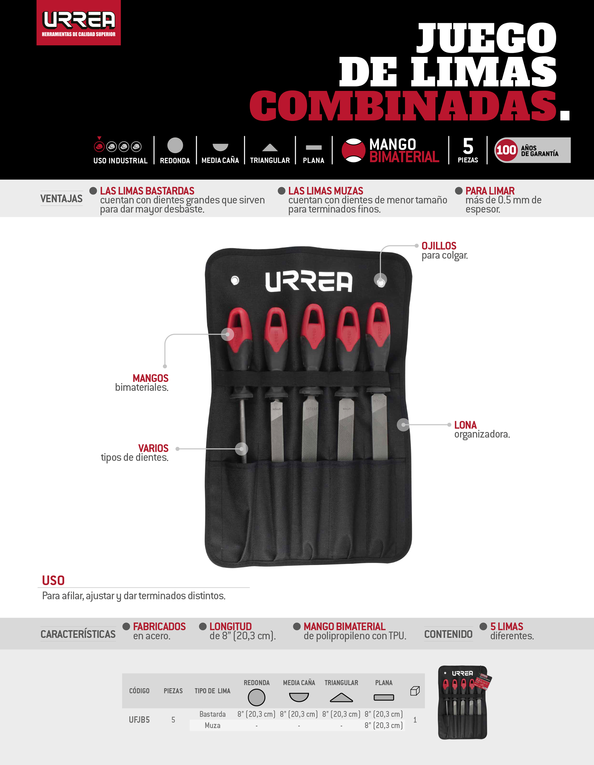 Urrea-UFJB5 / UFJB5 TRUPER Juego de limas combinadas con mango bimaterial, 5 piezas Urrea