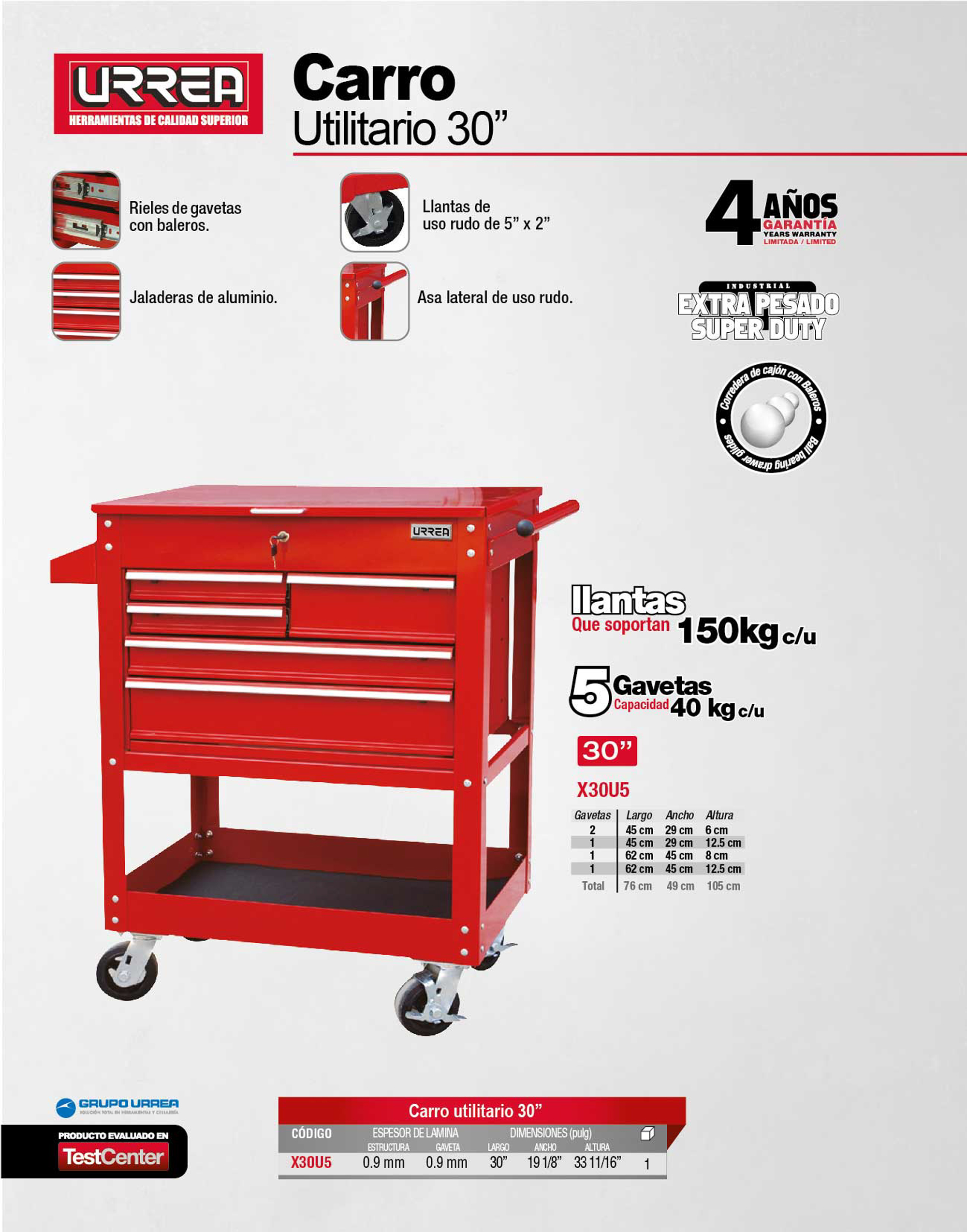 Urrea-X30U5 / X30U5 TRUPER Carro utilitario de lámina 5 gavetas 30" Urrea