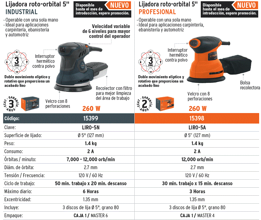 15398 / LIRO-5A TRUPER Lijadora roto orbital 5' 260 W, profesional, Truper