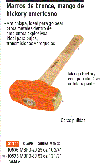 10576 / MBRO-29 TRUPER Truper - Marro de bronce, 29 oz, mango Hickory