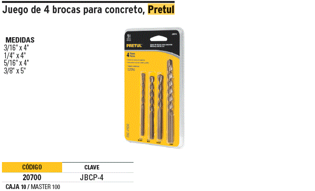 20700 / JBCP-4 TRUPER Juego de 4 brocas para concreto, Pretul